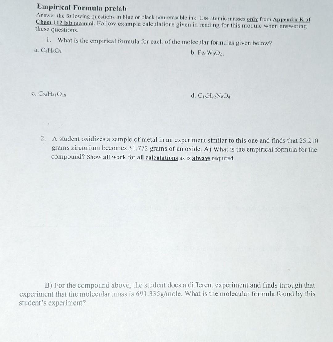 Solved Empirical Formula prelab Answer the following | Chegg.com