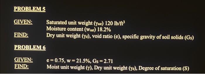 Solved PROBLEM5 GIVEN: Saturated unit weight (γsat | Chegg.com