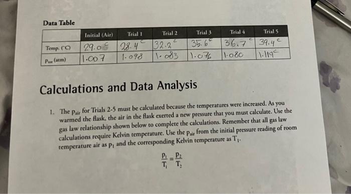 Solved Calculations and Data Analysis 1. The pair for Trials | Chegg.com