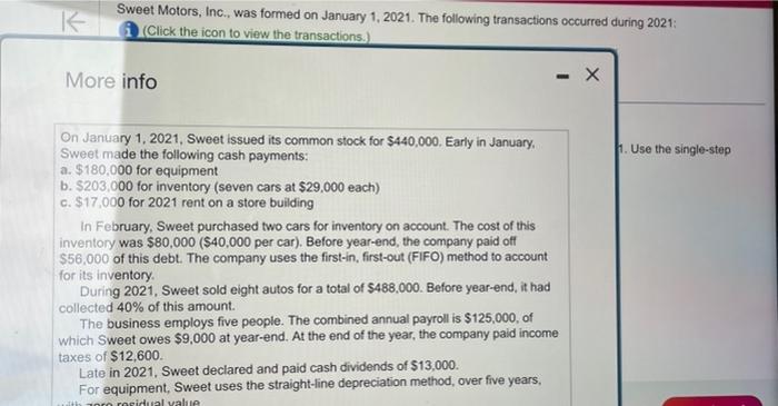 Solved Sweet Motors, Inc., was formed on January 1, 2021. | Chegg.com