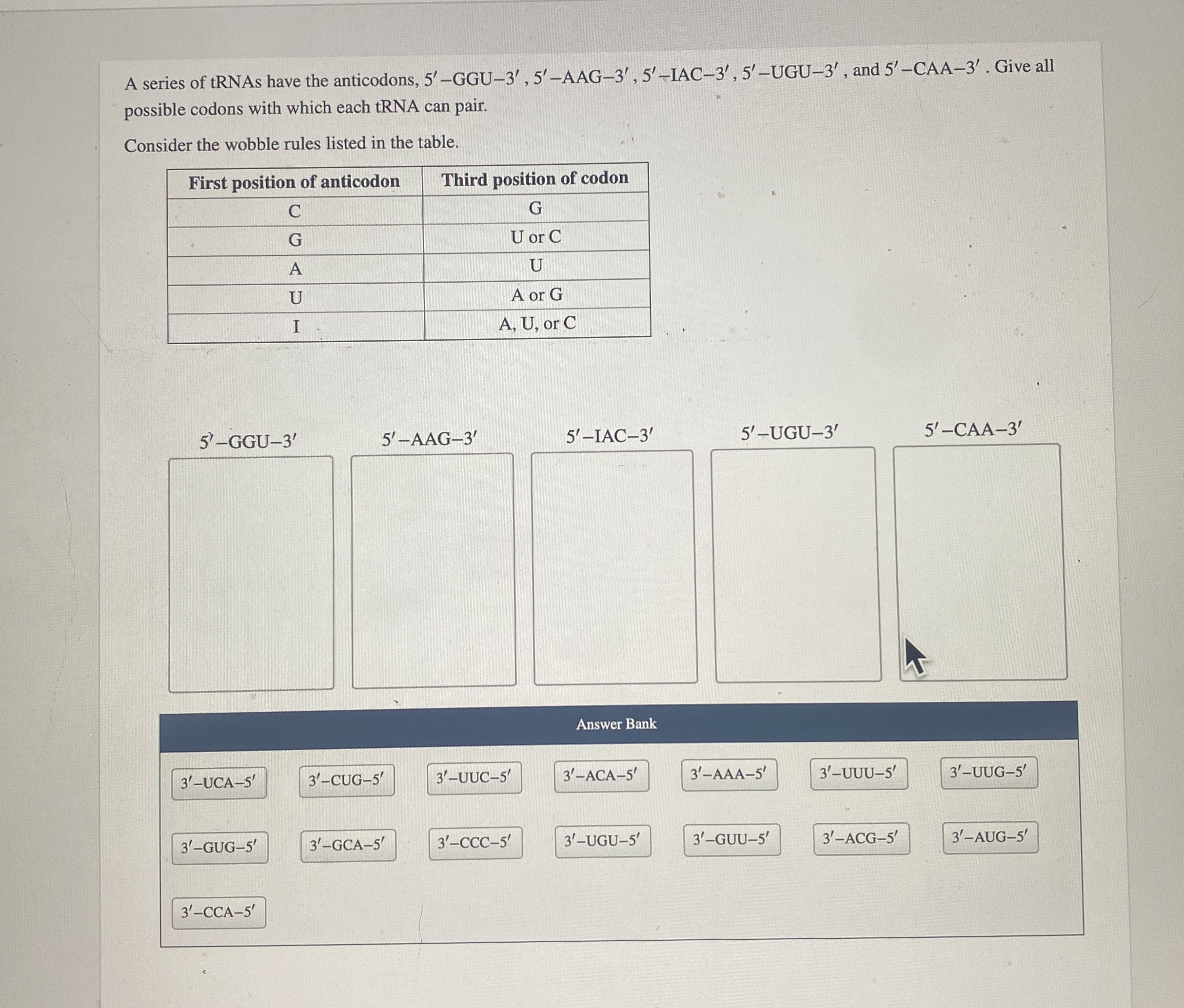 Solved A series of tRNAs have the anticodons, | Chegg.com