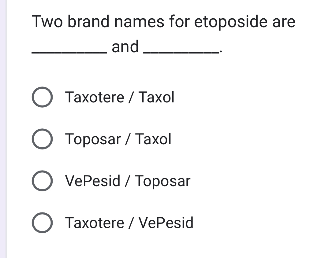 Solved Two brand names for etoposide are andTaxotere / | Chegg.com