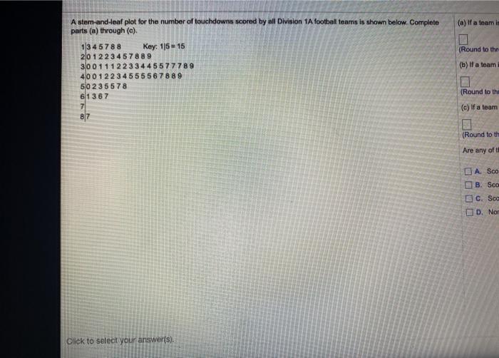 Solved A stem-and-leaf plot for the number of touchdowns | Chegg.com