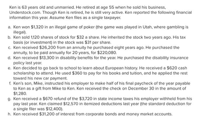 Solved Ken is 63 years old and unmarried. He retired at age | Chegg.com