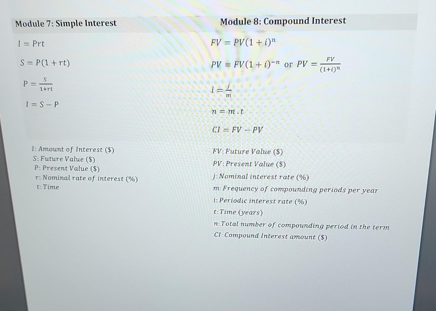 Solved Module 7: Simple Interest I=PrtS=P(1+rt)P=1+rtsI=S−P | Chegg.com