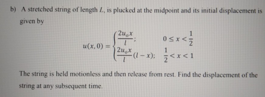 Solved b) A stretched string of length L, is plucked at the | Chegg.com