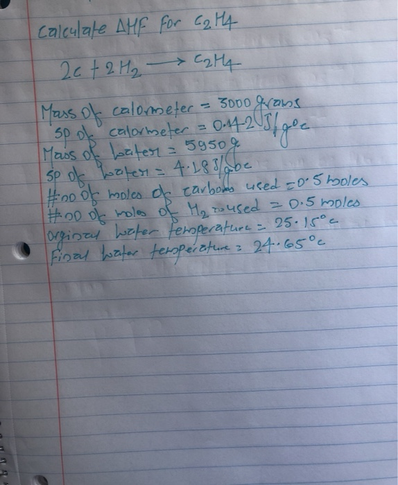 Solved Calculate AHF for C2H4 20+ 2 H₂ - C2H4 Mass of | Chegg.com