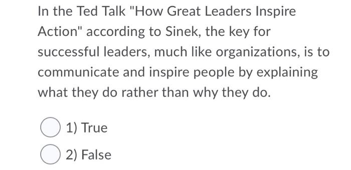 In the Ted Talk "How Great Leaders Inspire Action" | Chegg.com