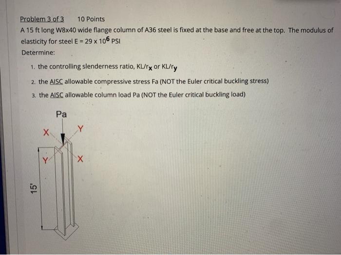Solved Problem 3 of 3 10 Points A 15 ft long W8x40 wide | Chegg.com