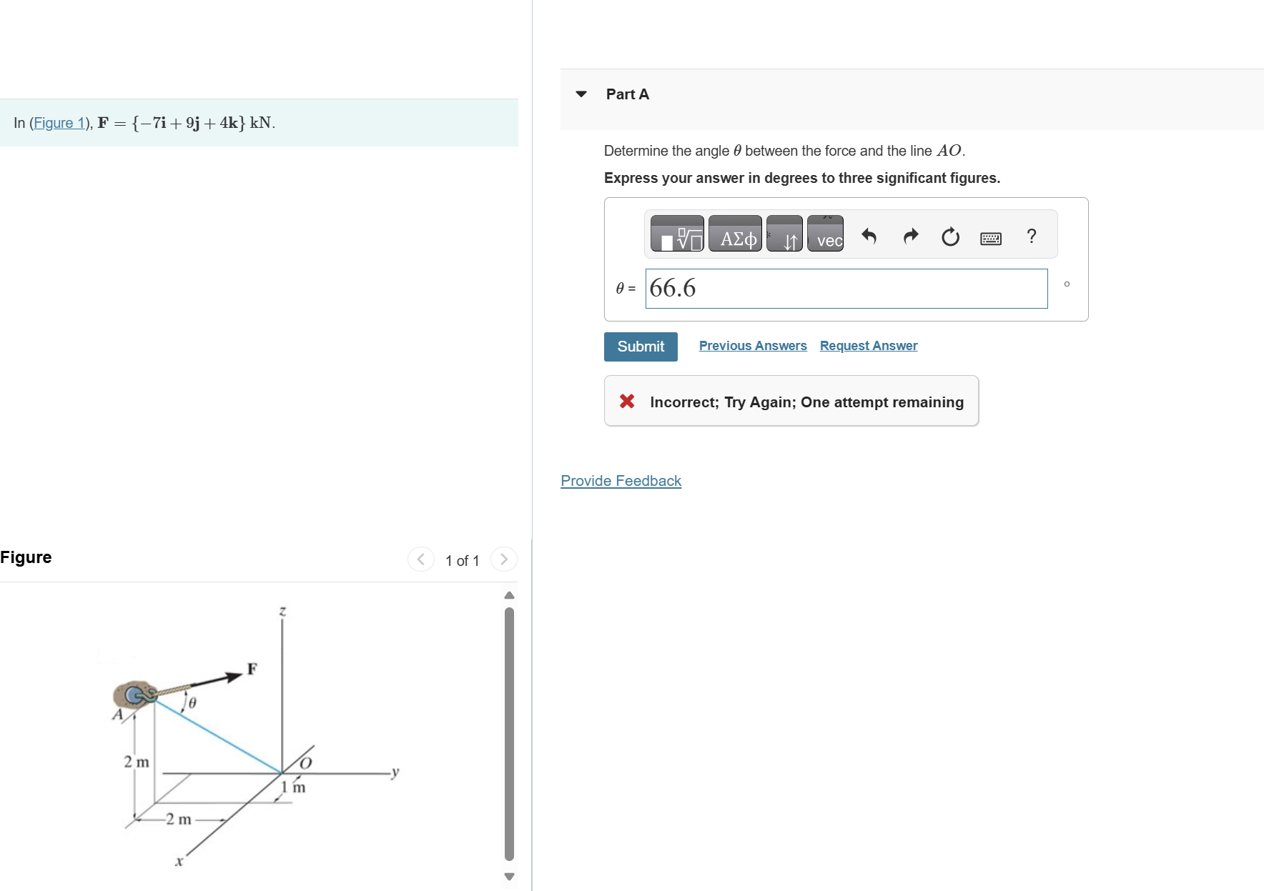Solved Part A ﻿Figure 1), F={-7i+9j+4k}kNDetermine the angle | Chegg.com