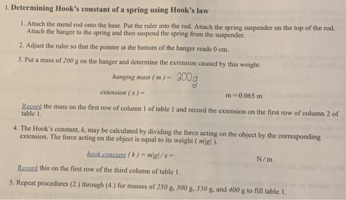 1. Determining Hook's constant of a spring using | Chegg.com