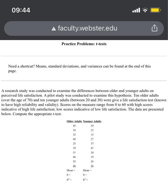 Solved Practice Problems: t-tests Need a shortcut? Meana, | Chegg.com Solved Practice Problems: t-tests Need a shortcut? Meana, | Chegg.com