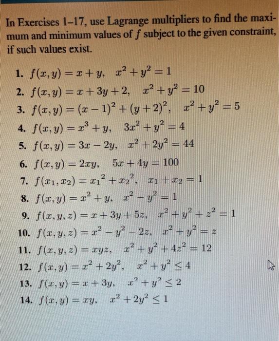 Solved In Exercises 1-17, use Lagrange multipliers to find | Chegg.com