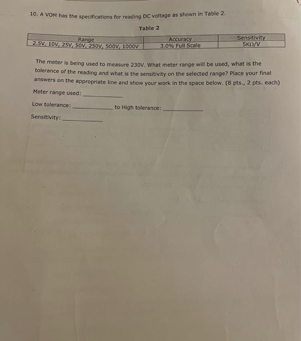 Solved 10. A VOM has the specifications for reading DC | Chegg.com