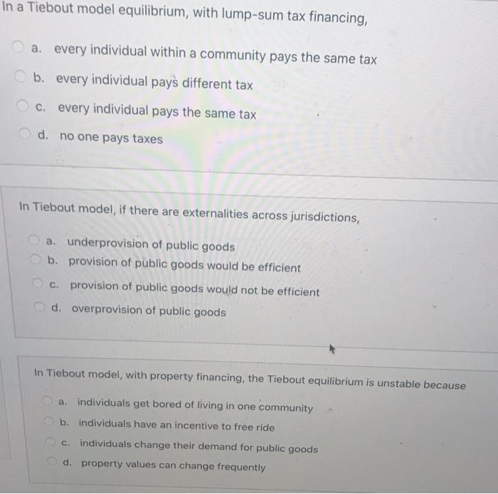 Solved In a Tiebout model equilibrium, with lump-sum tax | Chegg.com