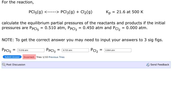 Solved For the reaction, PCl5( g) PCl3( g)+Cl2( g)Kp=21.6 | Chegg.com
