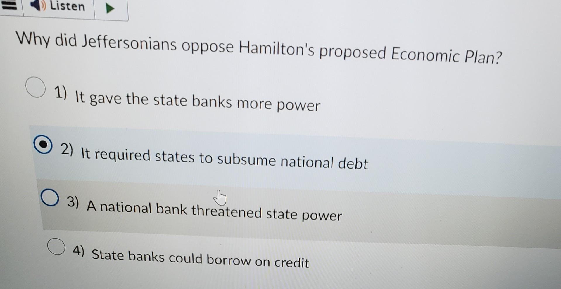 Why did Jeffersonians oppose Hamilton's proposed | Chegg.com
