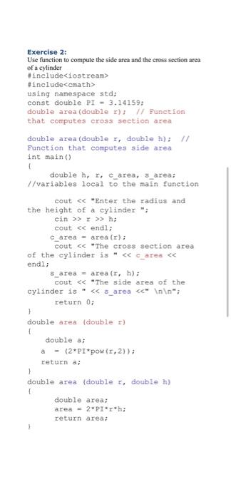 Solved Exercise 2: Use function to compute the side area and | Chegg.com