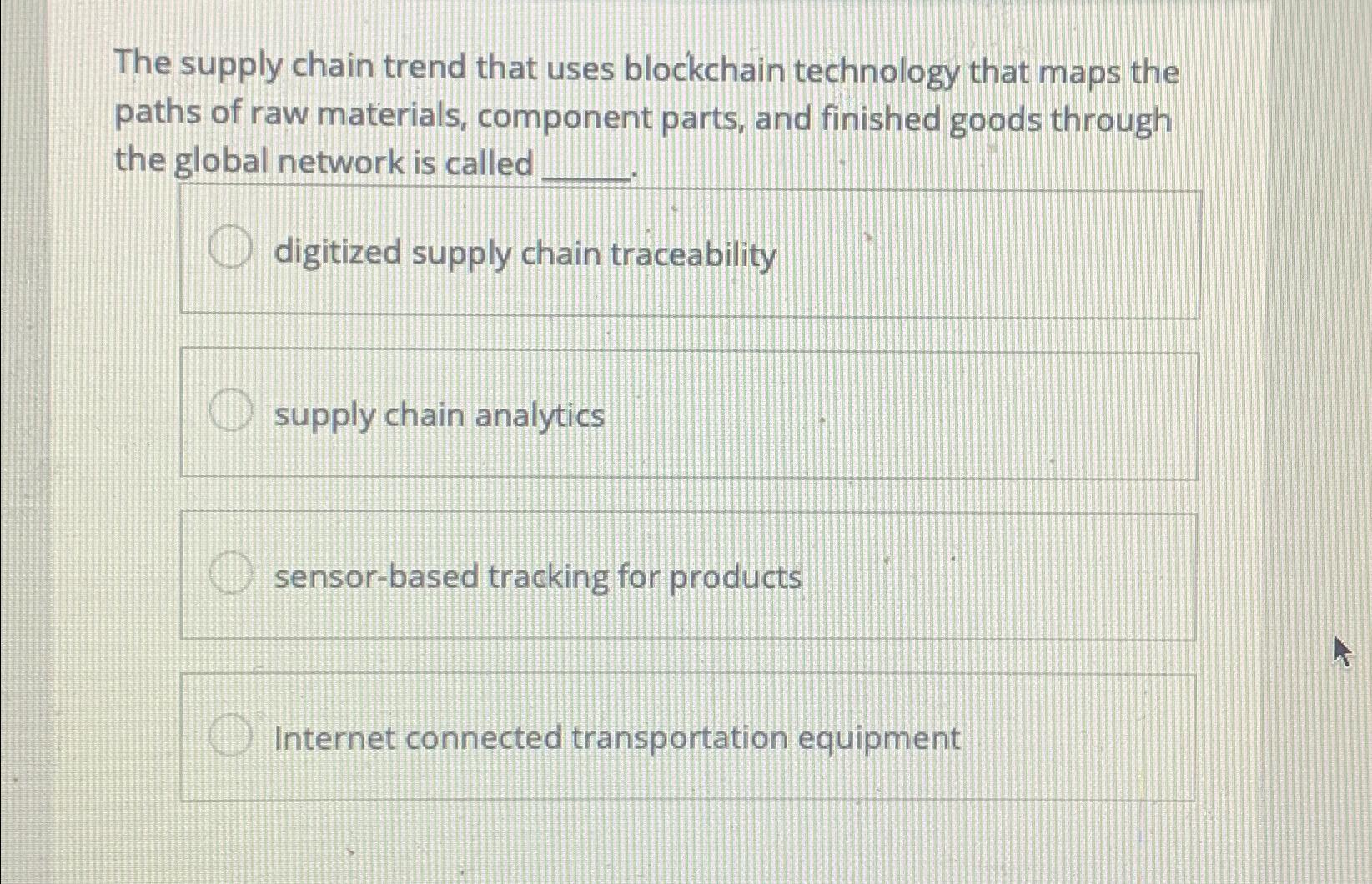Solved The supply chain trend that uses blockchain | Chegg.com