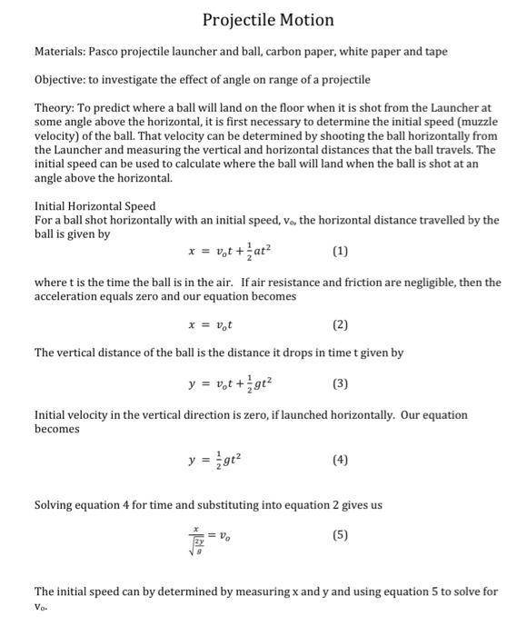 Solved Projectile Motion Materials: Pasco projectile | Chegg.com