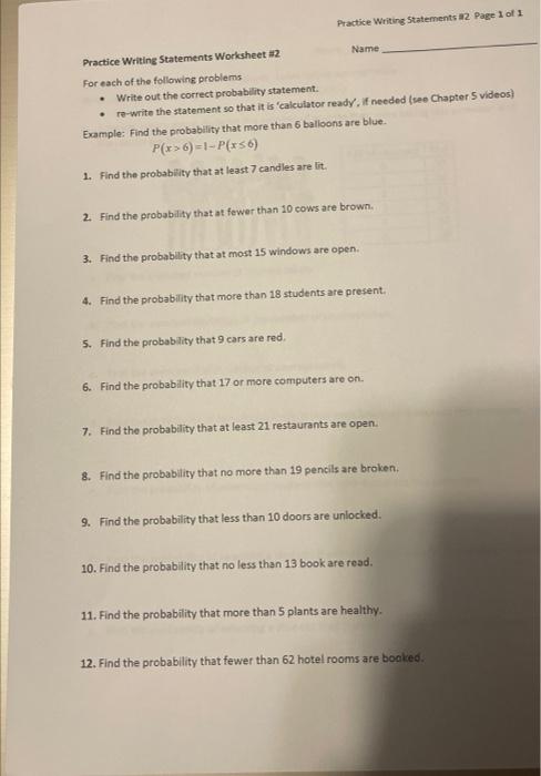 Solved Practice Writing Statements Worksheet $2 Name For | Chegg.com