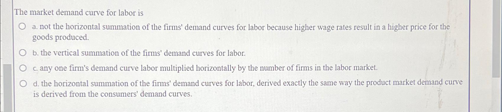 Solved The market demand curve for labor isa. ﻿not the | Chegg.com