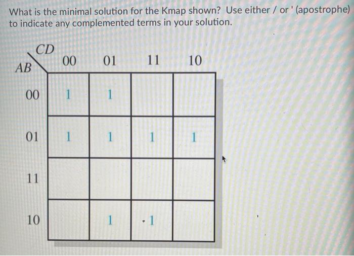 Solved what is the minimal solution for the kmap shown? Use | Chegg.com