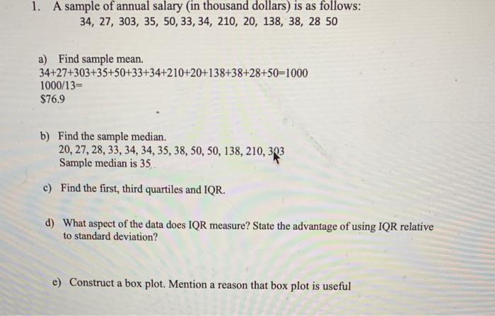 Solved 1. A sample of annual salary (in thousand dollars) is | Chegg.com