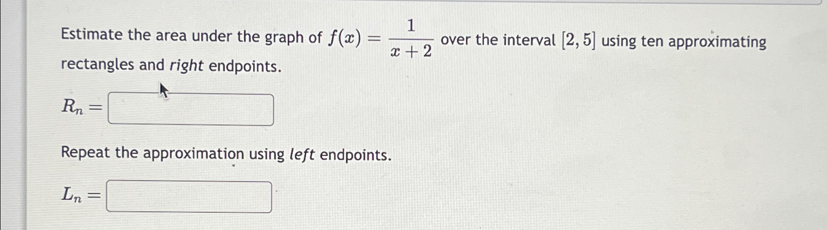 Solved Estimate the area under the graph of f(x)=1x+2 ﻿over | Chegg.com