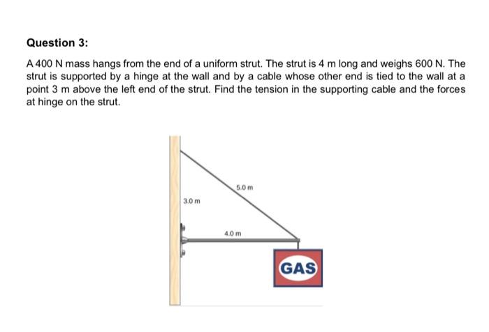 Solved A 400 N mass hangs from the end of a uniform strut. | Chegg.com