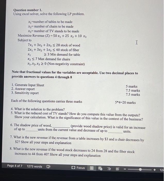 Solved Question number 1. Using excel solver, solve the | Chegg.com