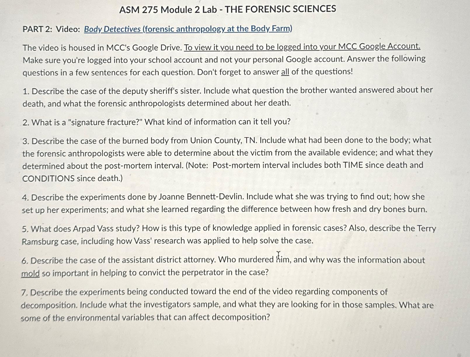 Solved ASM 275 ﻿Module 2 ﻿Lab - ﻿THE FORENSIC SCIENCESPART | Chegg.com