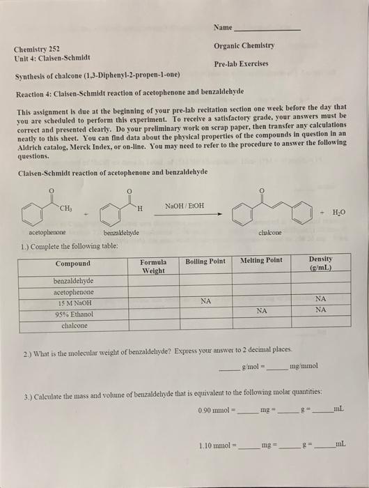 Solved Unit 4: Claisen-Schmidt Pre-lab Exercises Synthesis | Chegg.com