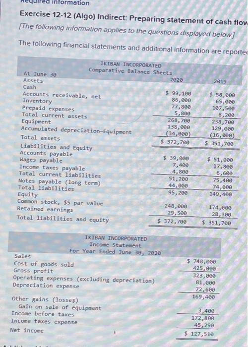 Solved Exercise 12-12 (Algo) Indirect: Preparing statement | Chegg.com