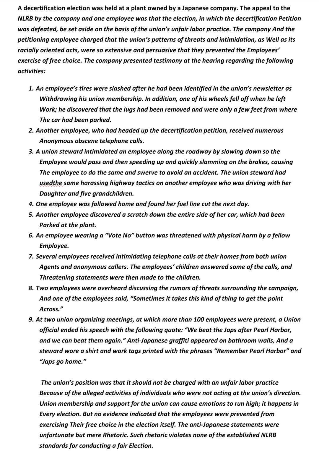 Solved A decertification election was held at a plant owned | Chegg.com