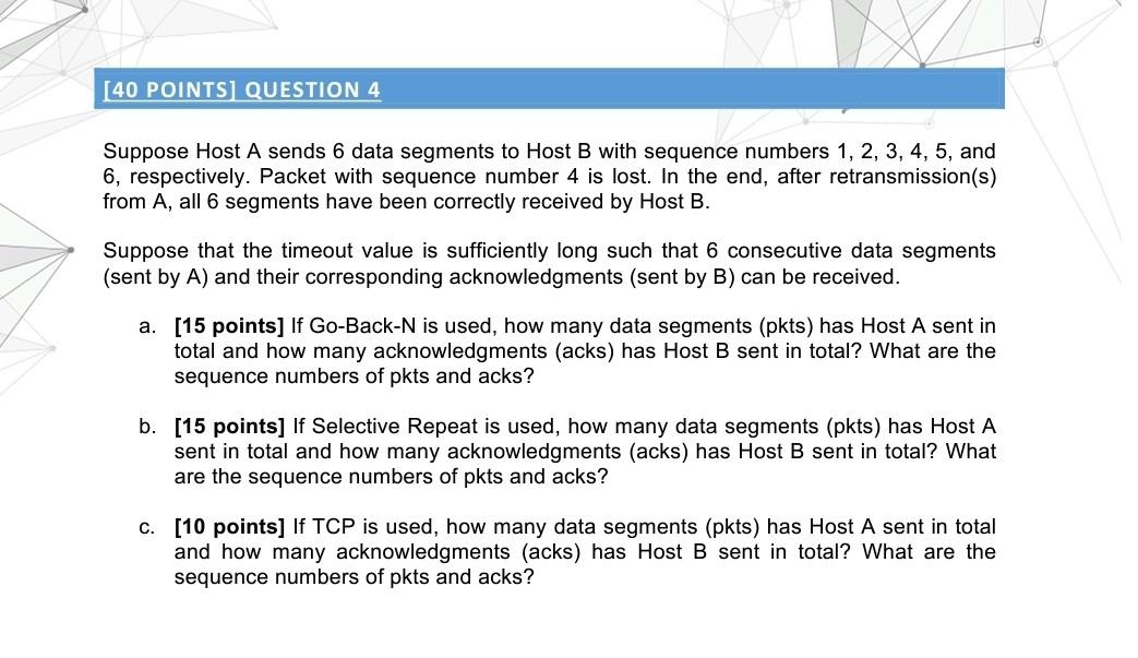 Solved 140 POINTS) QUESTION 4 Suppose Host A sends 6 data | Chegg.com