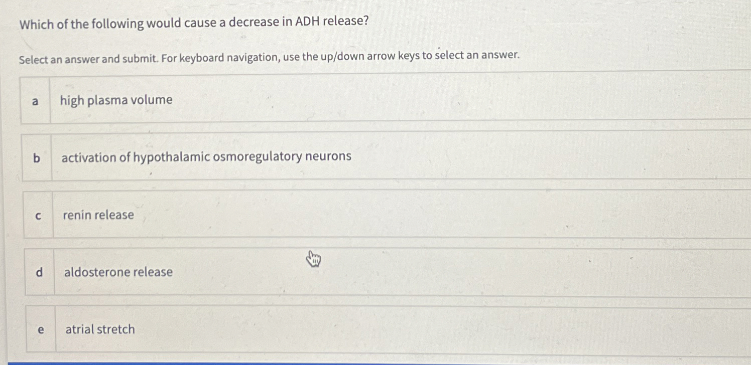 Solved Which of the following would cause a decrease in ADH | Chegg.com