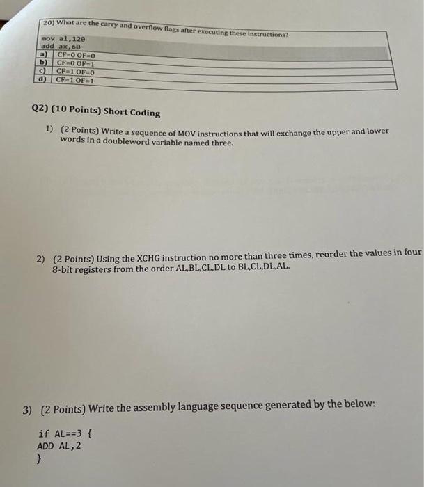 Solved 20) What are the carry and overflow flags after | Chegg.com