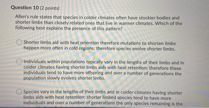 Solved Question 10 (2 points) Allen's rule states that | Chegg.com