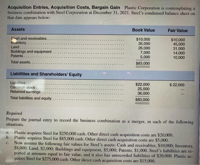 Solved Acquisition Entries, Acquisition Costs, Bargain Gain | Chegg.com