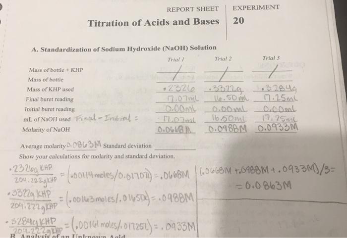 Solved REPORT SHEET Titration of Acids and Bases EXPERIMENT | Chegg.com