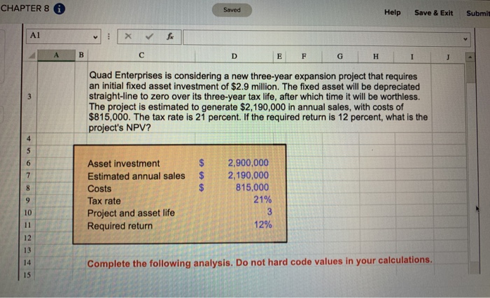 Solved CHAPTER 8 Saved Help Save & Exit Submit A1 В A С D G | Chegg.com