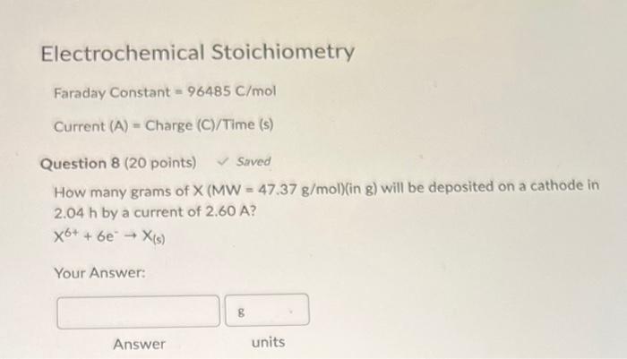 Solved Electrochemical Stoichiometry Faraday Constant | Chegg.com
