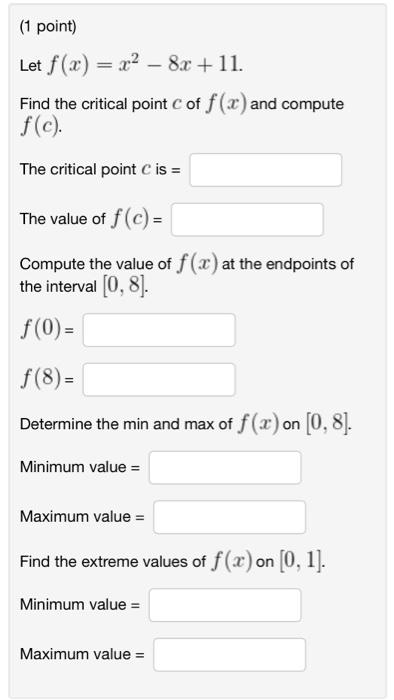 Solved (1 point) Find the absolute maximum and minimum | Chegg.com