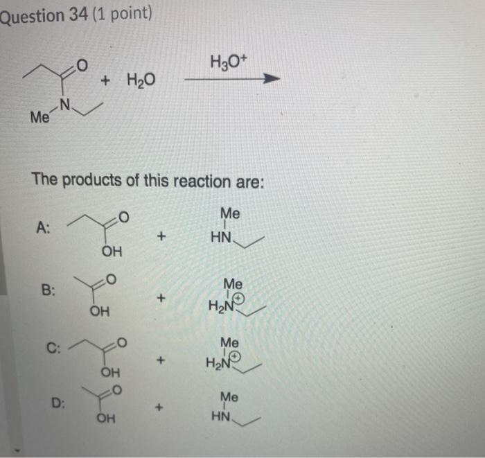 Solved Question 34 (1 point) O H3O+ + H2O N Me The products | Chegg.com
