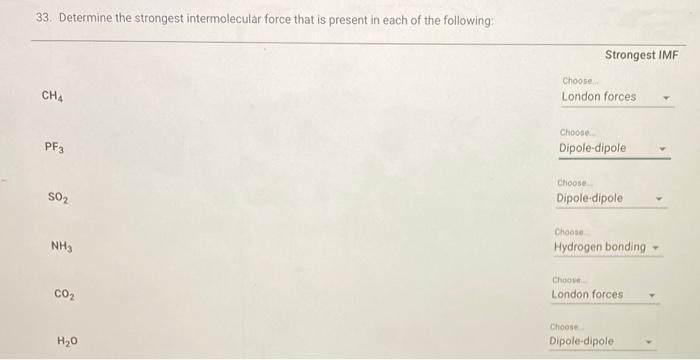 Solved 33. Determine the strongest intermolecular force that | Chegg.com