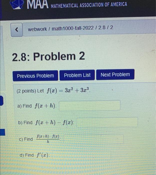 Solved Let f(x)=3x2+3x3 f(x+h) f(x+h)−f(x) hf(x+h)−f(x) | Chegg.com