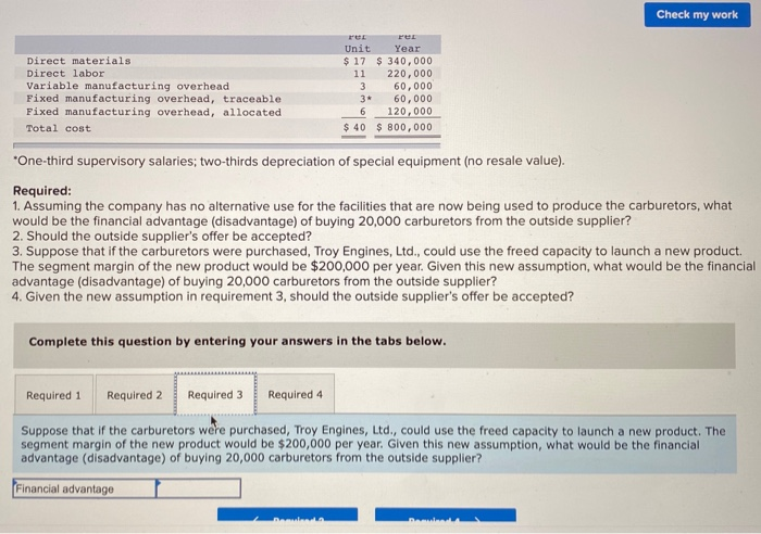 Solved Check my work Exercise 12-3 Make or Buy Decision | Chegg.com