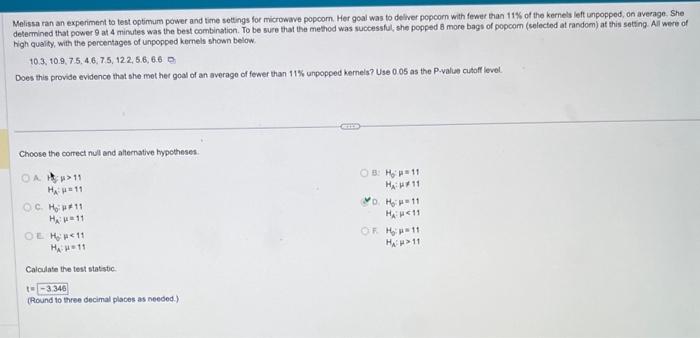 Solved Melissa ran an experiment to test optimurn power and | Chegg.com