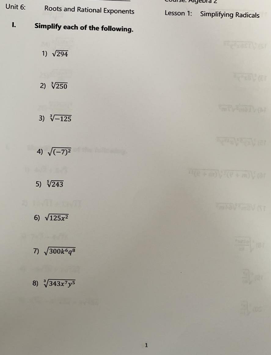 Solved Unit 6: Roots and Rational Exponents Lesson 1: | Chegg.com